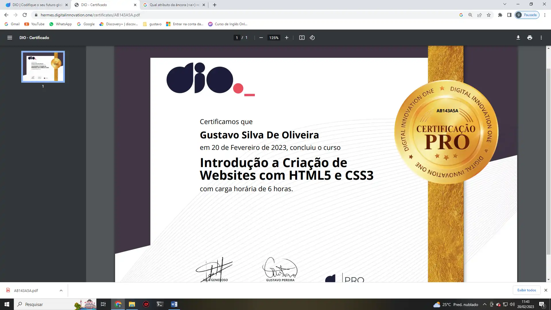 primeiro certificado na Dio.