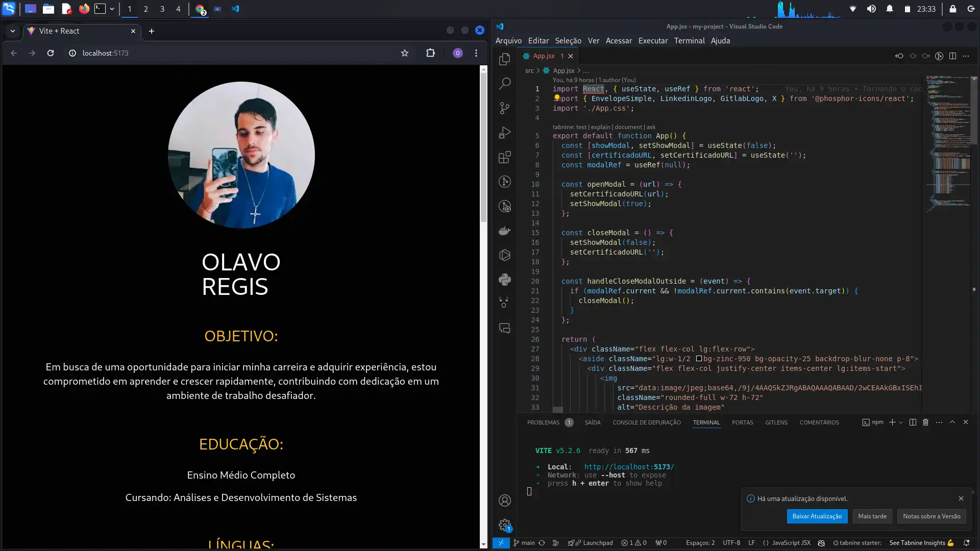 Perfil profissional criado usando react + Tailwind CSS