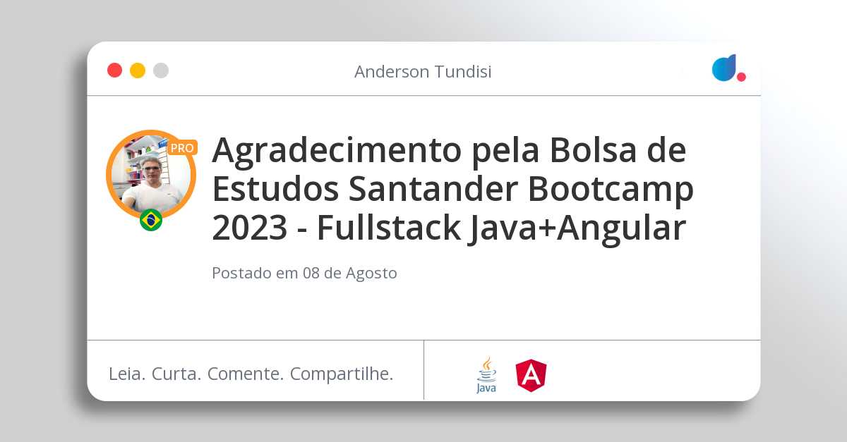 Agradecimento pela Bolsa de Estudos Santander Bootcamp 2023 - Fullstack Java+Angular